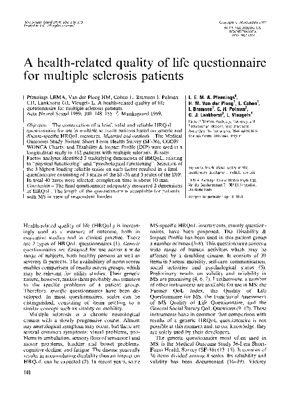 (PDF) A health-related quality of life questionnaire for multiple sclerosis Patients