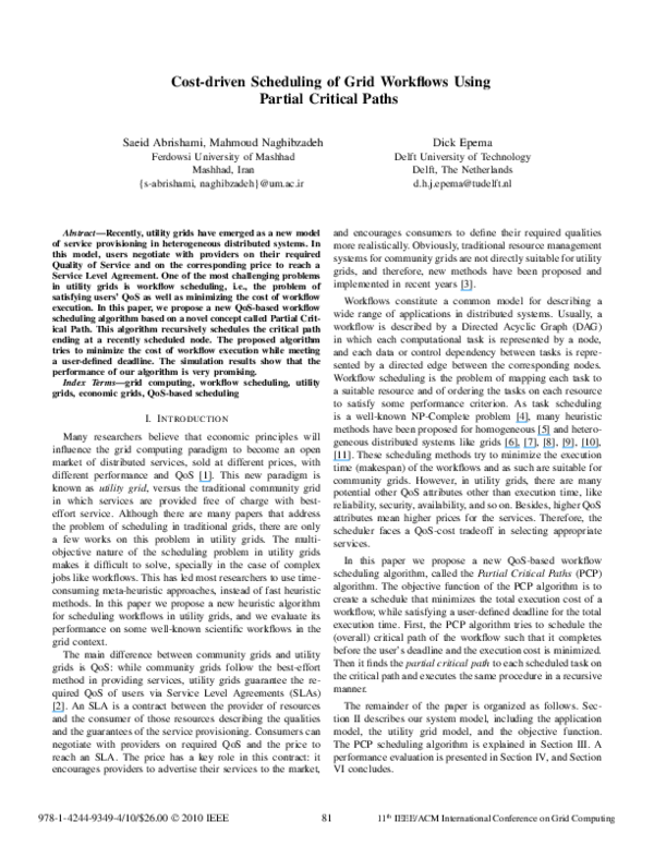 Pdf Cost Driven Scheduling Of Grid Workflows Using Partial Critical Paths