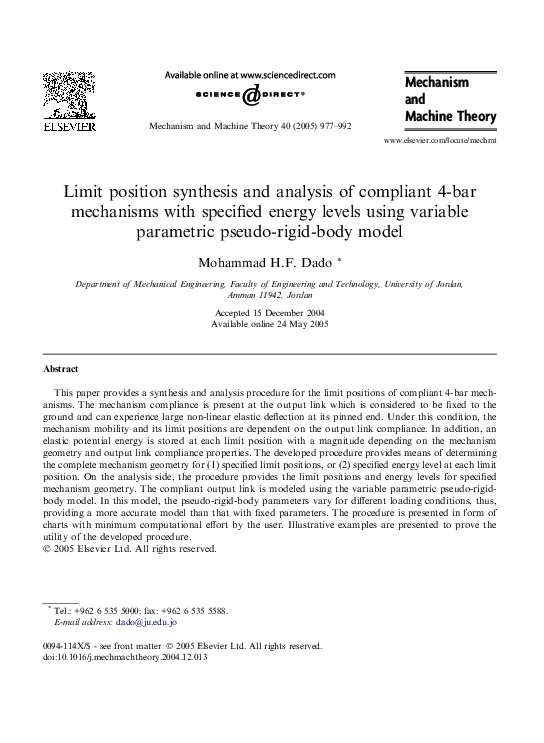 (PDF) Limit position synthesis and analysis of compliant 4-bar ...
