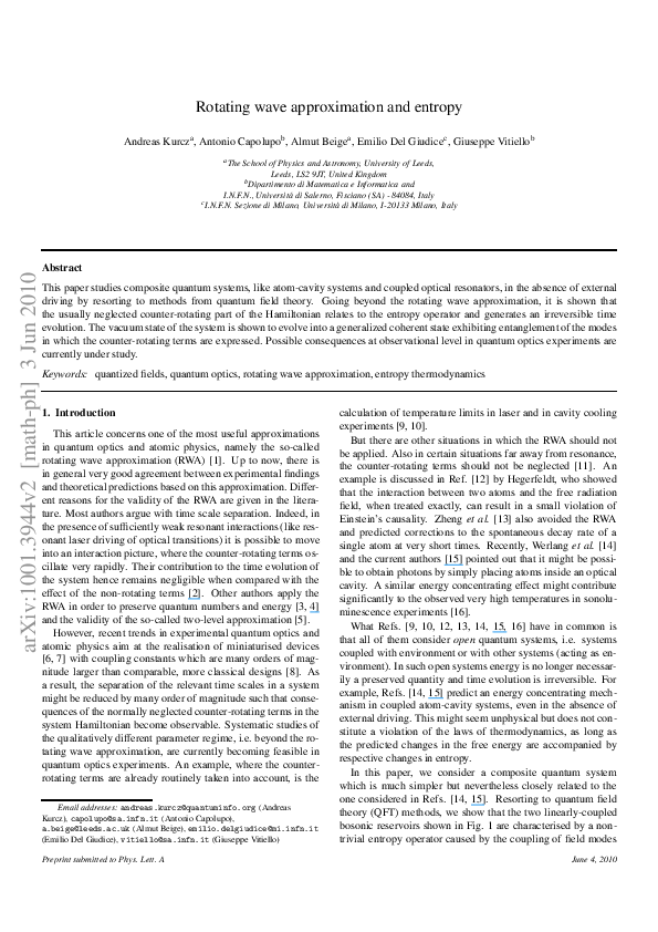 Pdf Rotating Wave Approximation And Entropy