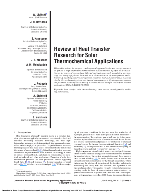 (PDF) Review of Heat Transfer Research for Solar Thermochemical ...