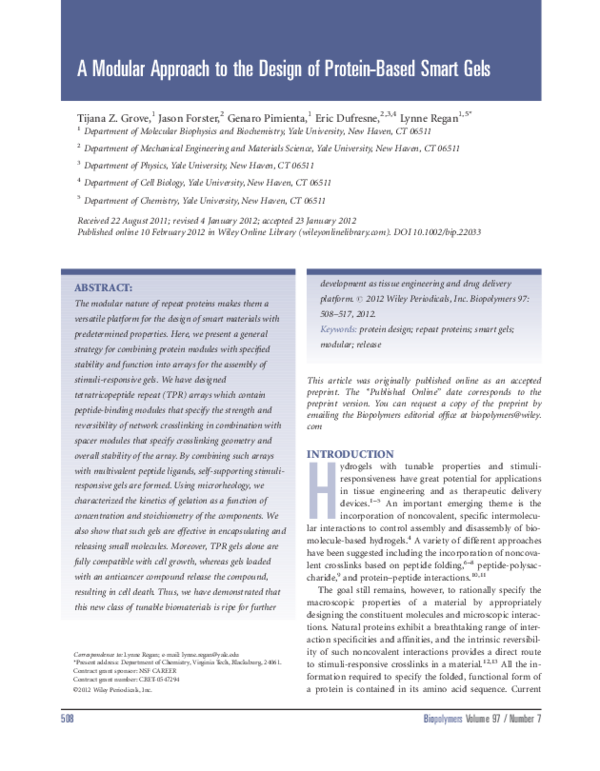(PDF) A modular approach to the design of protein-based smart gels