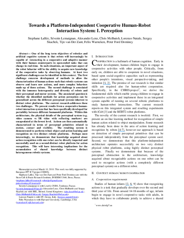 (PDF) Towards a platform-independent cooperative human-robot interaction system: II. Perception ...