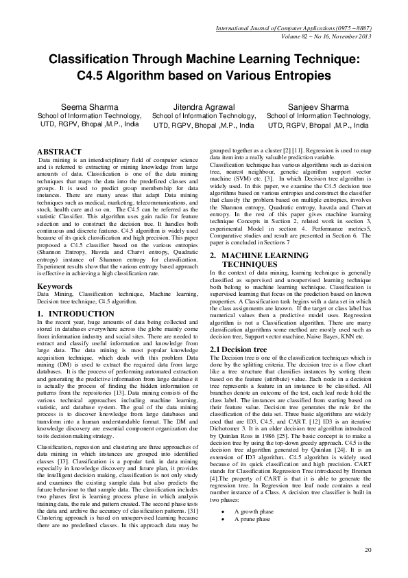(PDF) Classification Through Machine Learning Technique: C4.5 Algorithm based on Various Entropies