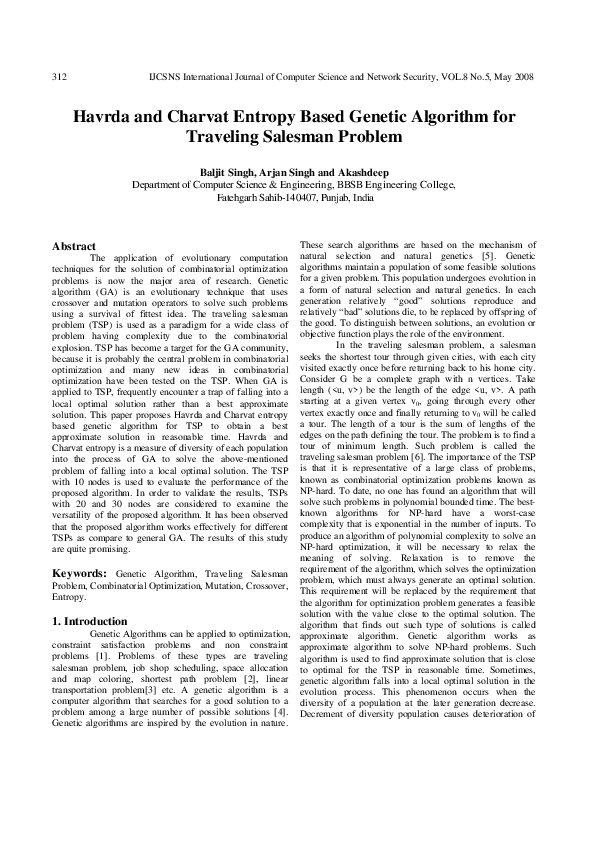 (PDF) Havrda and Charvat Entropy Based Genetic Algorithm for Traveling Salesman Problem