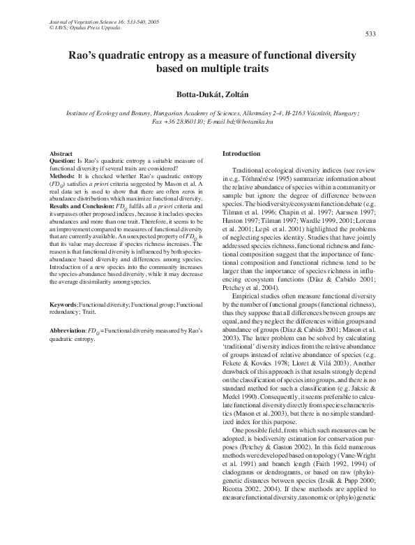 (PDF) Rao's quadratic entropy as a measure of functional diversity based on multiple traits