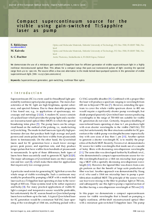 (PDF) Compact supercontinuum source for the visible using gain-switched ...