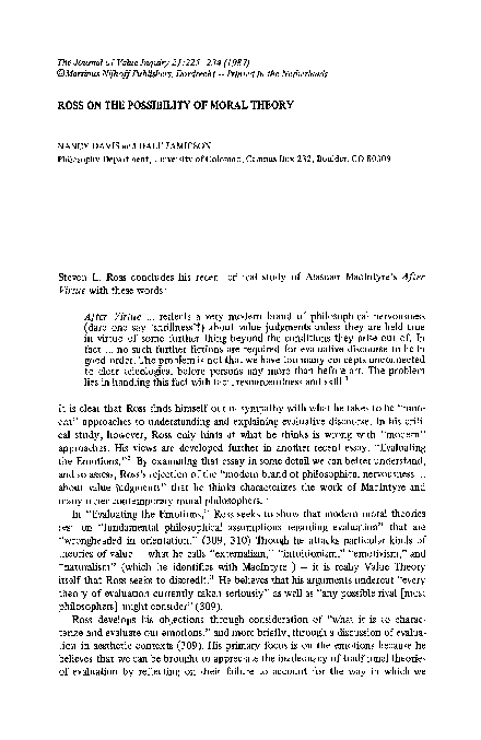 (PDF) Ross on the possibility of moral theory