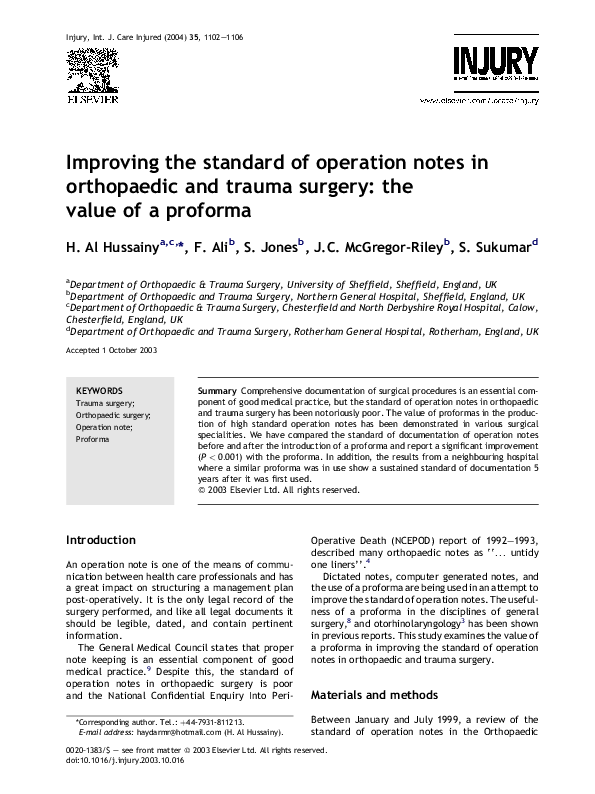 (PDF) Improving the standard of operation notes in orthopaedic and ...