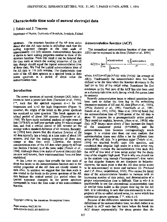 (PDF) Characteristic time scale of auroral electrojet data