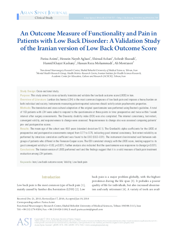 (PDF) An Outcome Measure of Functionality and Pain in Patients with Low ...