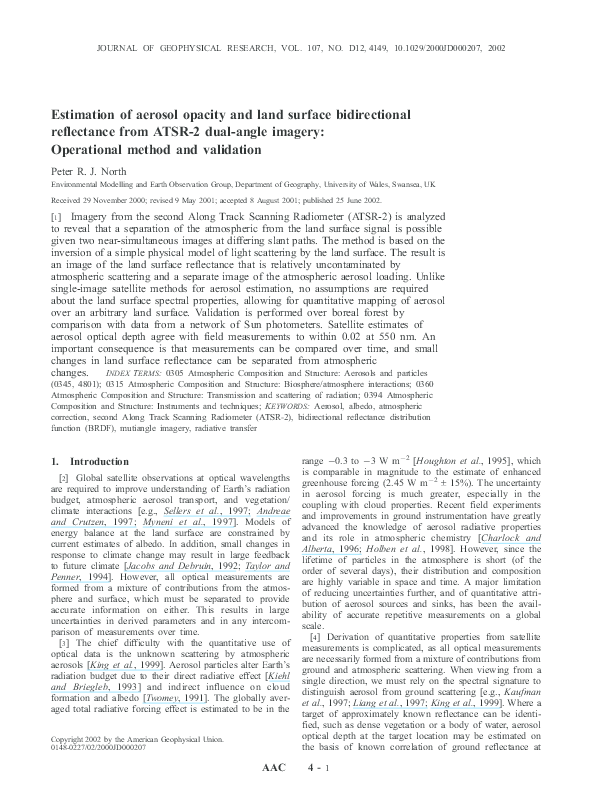 (PDF) Estimation of aerosol opacity and land surface bidirectional reflectance from ATSR-2 dual ...