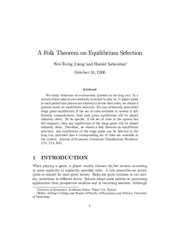 (PDF) A Folk Theorem on Equilibrium Selection