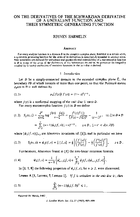 (PDF) On the Derivatives of the Schwarzian Derivative of a Univalent Function and their ...