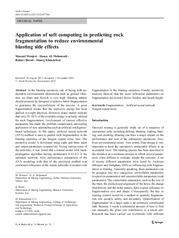 Pdf Application Of Soft Computing In Predicting Rock Fragmentation To