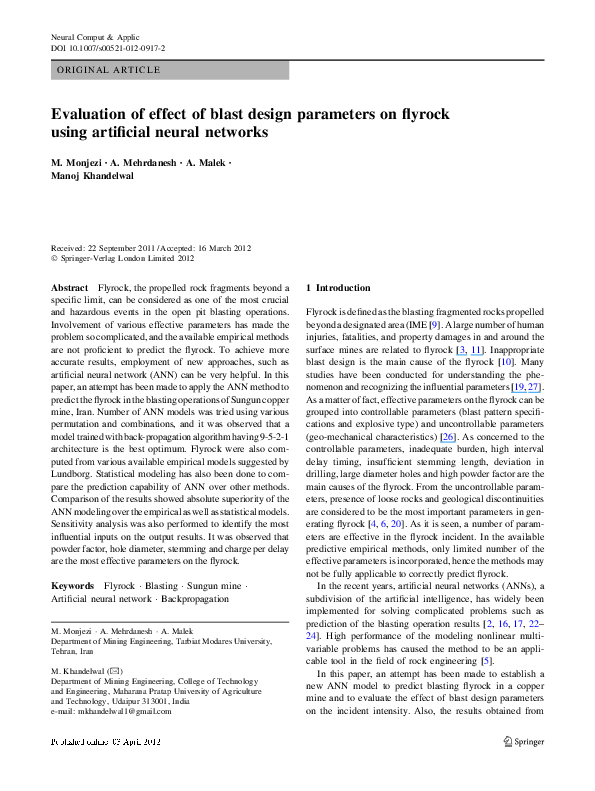 Pdf Evaluation Of Effect Of Blast Design Parameters On Flyrock Using Artificial Neural Networks