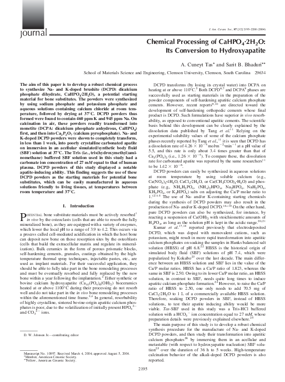 (PDF) Chemical Processing of CaHPO4.2H2O:. Its Conversion to Hydroxyapatite