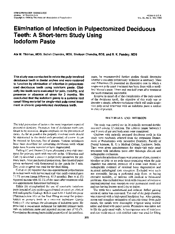 (PDF) Elimination of infection in pulpectomized deciduous teeth: A ...