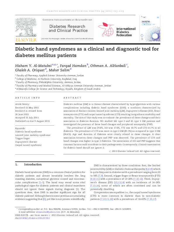 (PDF) Diabetic hand syndromes as a clinical and diagnostic tool for ...