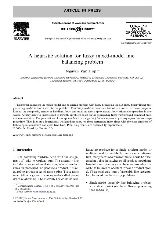 Pdf A Heuristic Solution For Fuzzy Mixed Model Line Balancing Problem