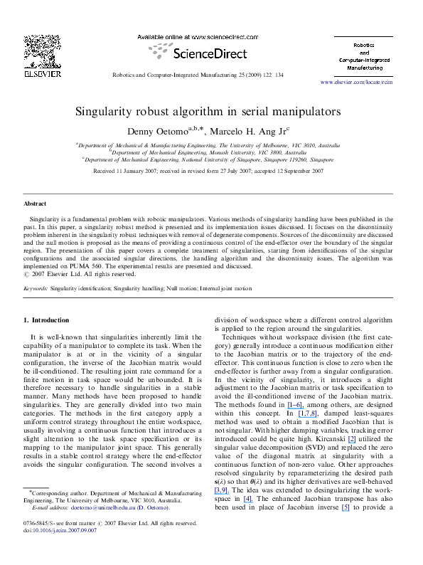 (PDF) Singularity robust algorithm in serial manipulators