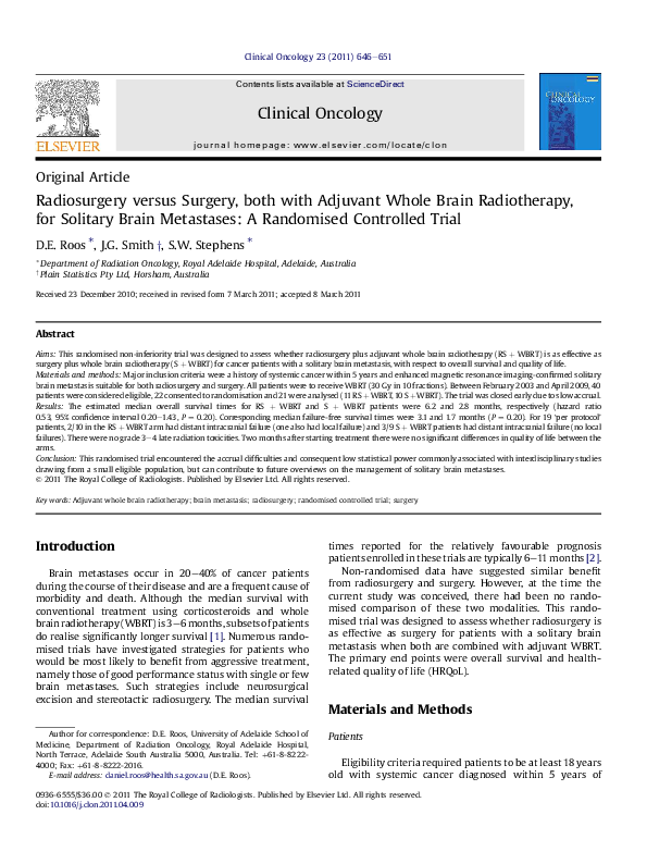 (PDF) Radiosurgery versus Surgery, both with Adjuvant Whole Brain Radiotherapy, for Solitary ...