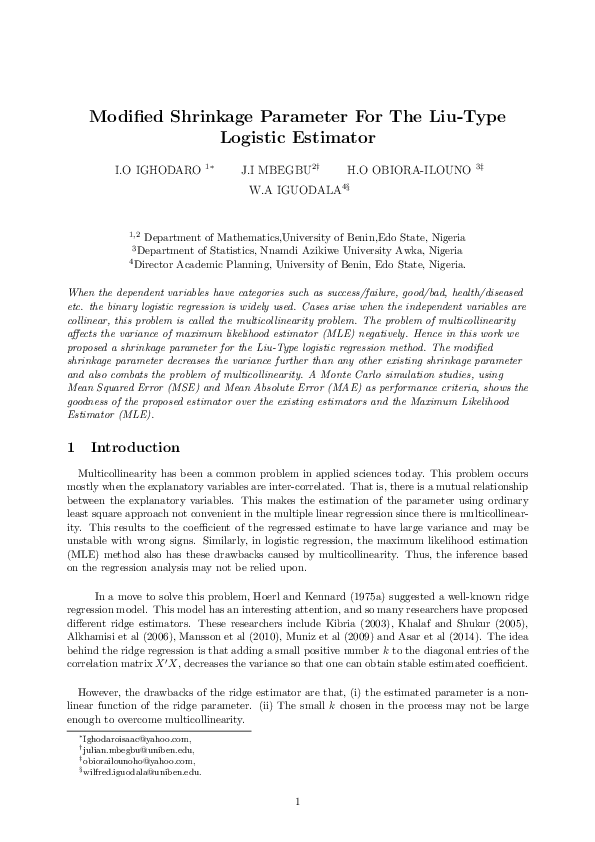 Pdf Modified Shrinkage Parameter For The Liu Type Logistic Estimator