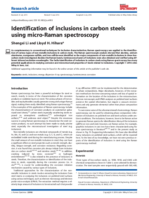 (PDF) Identification of inclusions in carbon steels using micro-Raman ...