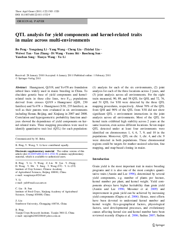 Pdf Qtl Analysis For Yield Components And Kernel Related Traits In