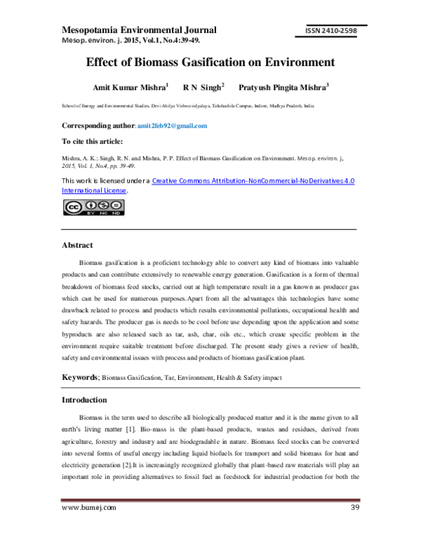 (PDF) Mesopotamia Environmental Journal Effect of Biomass Gasification ... (PDF) Mesopotamia Environmental Journal Effect of Biomass Gasification ...