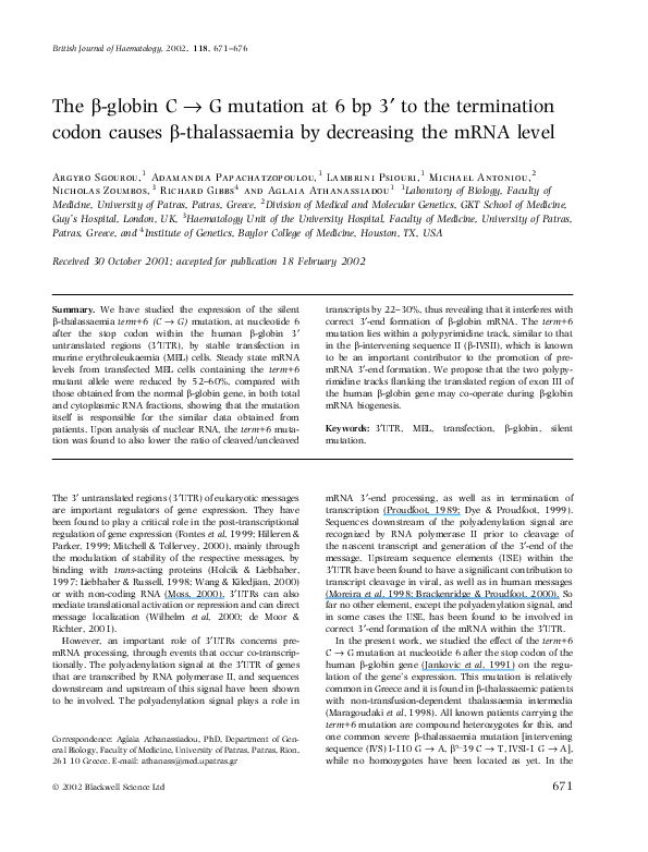 (PDF) The beta-globin CG mutation at 6 bp 3' to the termination codon ...