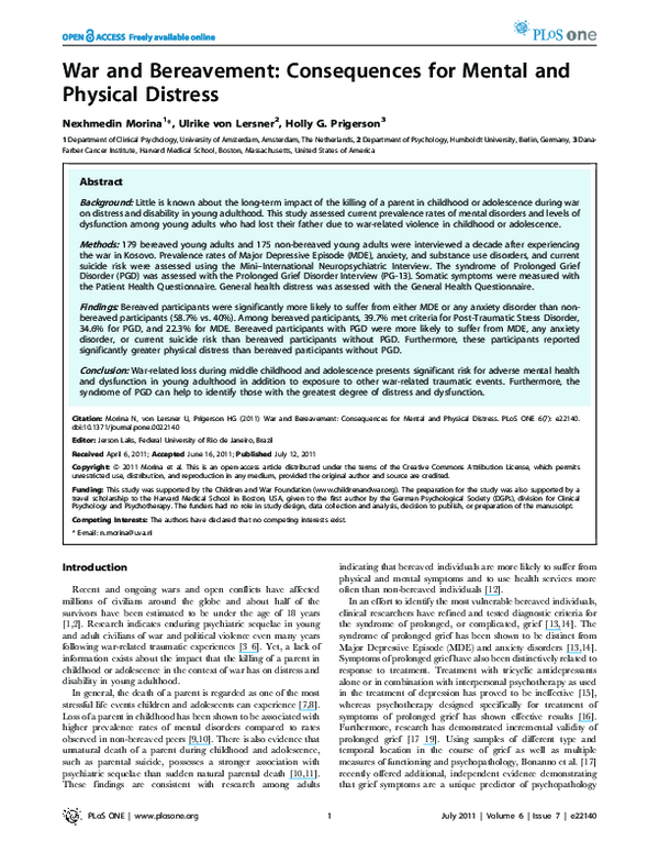 (PDF) War and Bereavement: Consequences for Mental and Physical Distress