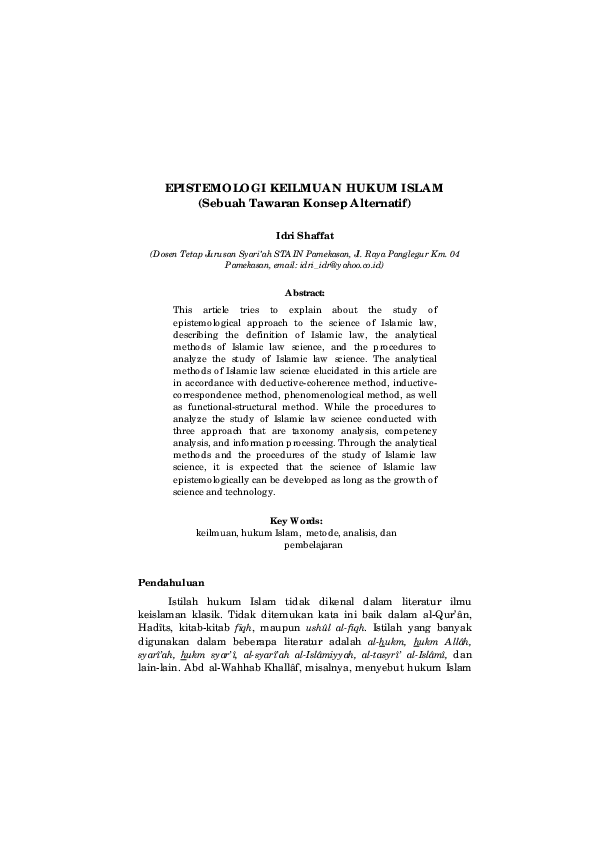 (PDF) EPISTEMOLOGI KEILMUAN HUKUM ISLAM (Sebuah Tawaran Konsep Alternatif | Jurnal al-ihkam ...