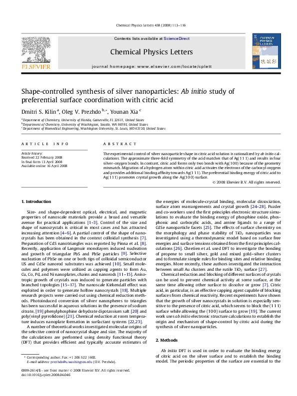 (PDF) Shape-controlled synthesis of silver nanoparticles: Ab initio study of preferential ...