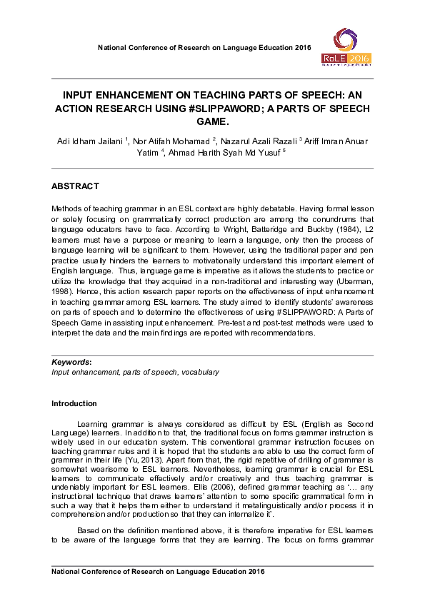 (DOC) INPUT ENHANCEMENT ON TEACHING PARTS OF SPEECH: AN ACTION RESEARCH ...