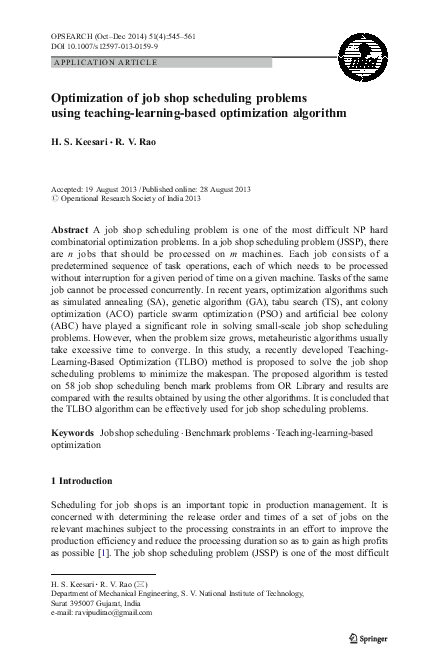Pdf Optimization Of Job Shop Scheduling Problems Using Teaching Learning Based Optimization