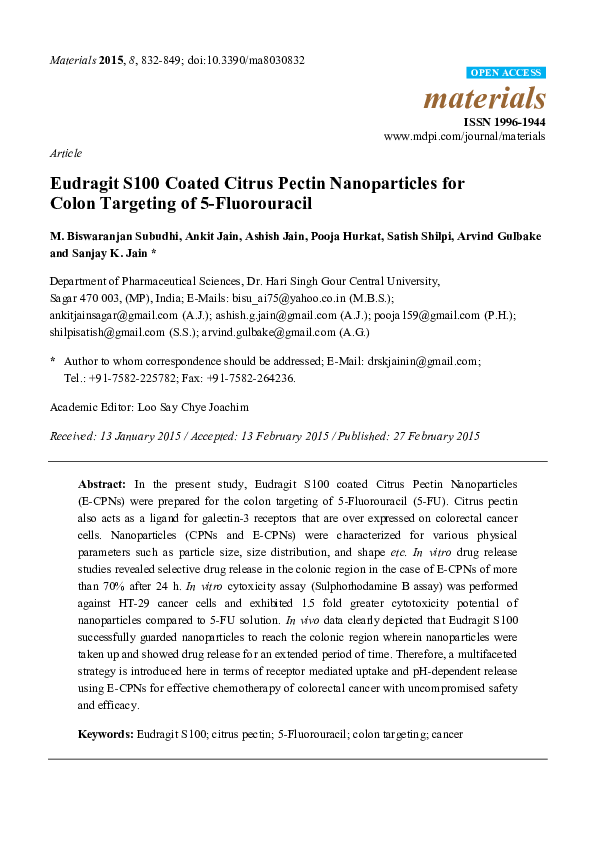 Pdf Materials Eudragit S100 Coated Citrus Pectin Nanoparticles For