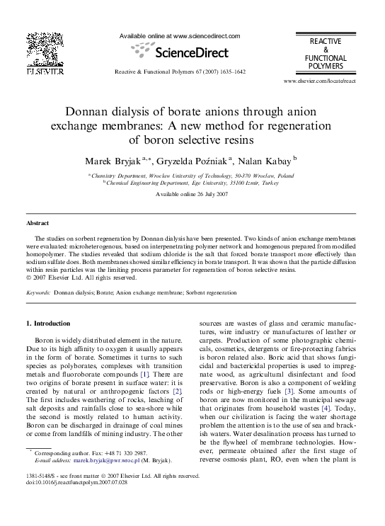 (PDF) Donnan dialysis of borate anions through anion exchange membranes ...