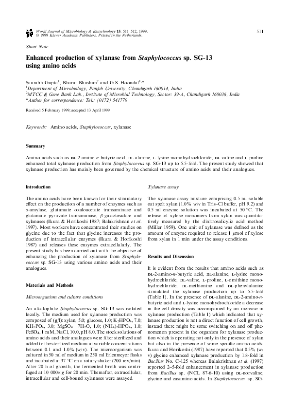 (PDF) Enhanced production of xylanase from Staphylococcus sp. SG13 using amino acids