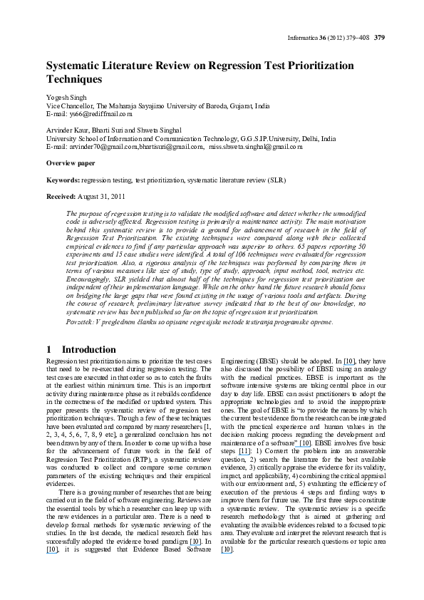 Pdf Systematic Literature Review On Regression Test Prioritization