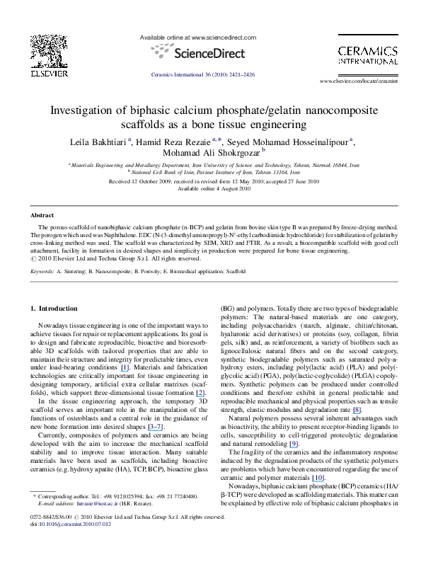 (PDF) Investigation of biphasic calcium phosphate/gelatin nanocomposite scaffolds as a bone ...