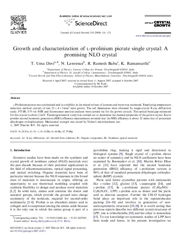 (PDF) Growth and characterization of l-prolinium picrate single crystal: A promising NLO crystal
