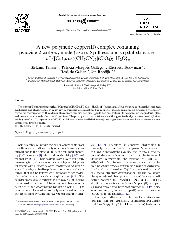 (PDF) A new polymeric copper(II) complex containing pyrazine-2-carboxyamide (pzca): Synthesis ...