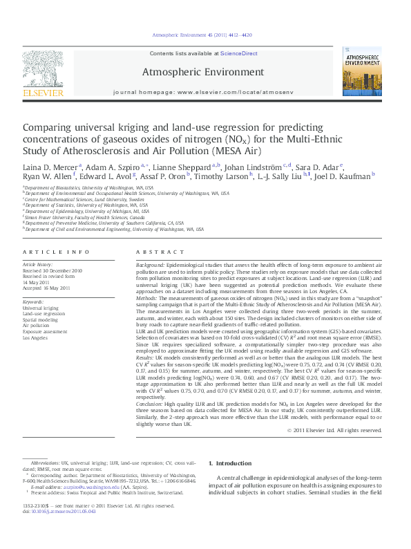 Pdf Comparing Universal Kriging And Land Use Regression For Predicting Concentrations Of