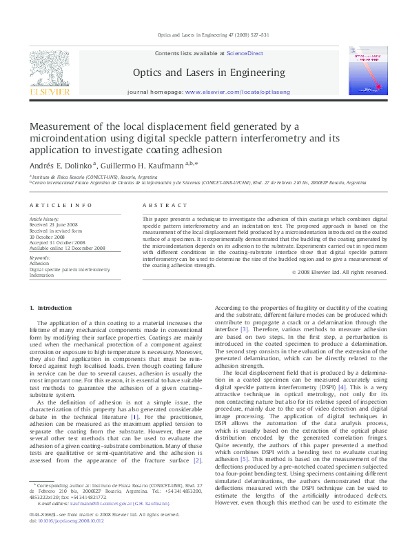 Pdf Measurement Of The Local Displacement Field Generated By A Microindentation Using Digital