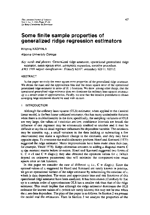 Pdf Some Finite Sample Properties Of Generalized Ridge Regression