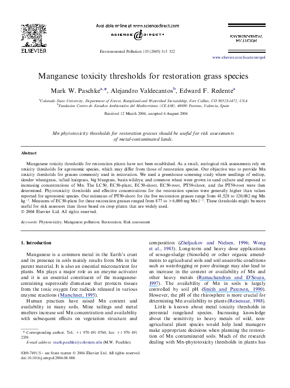 (PDF) Manganese toxicity thresholds for restoration grass species
