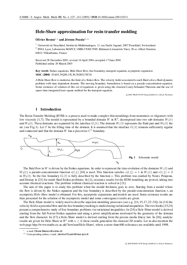 (PDF) Hele-Shaw approximation for resin transfer molding | Jerome Pousin - Academia.edu
