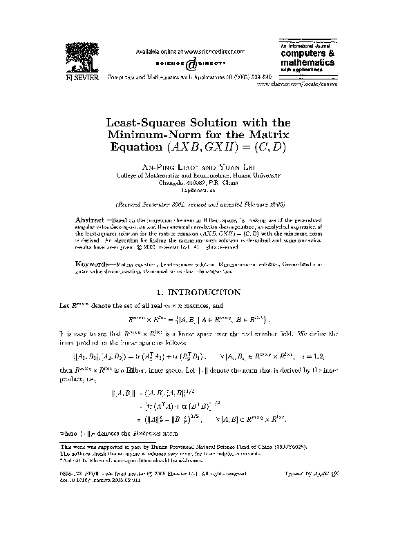 Pdf Least Squares Solution With The Minimum Norm For The Matrix