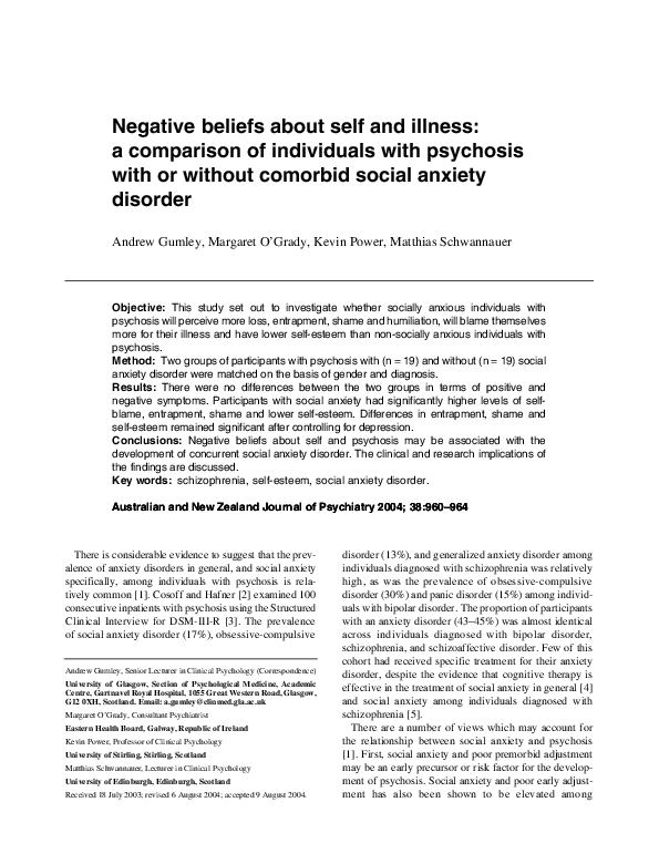 (PDF) Negative beliefs about self and illness: a comparison of ...